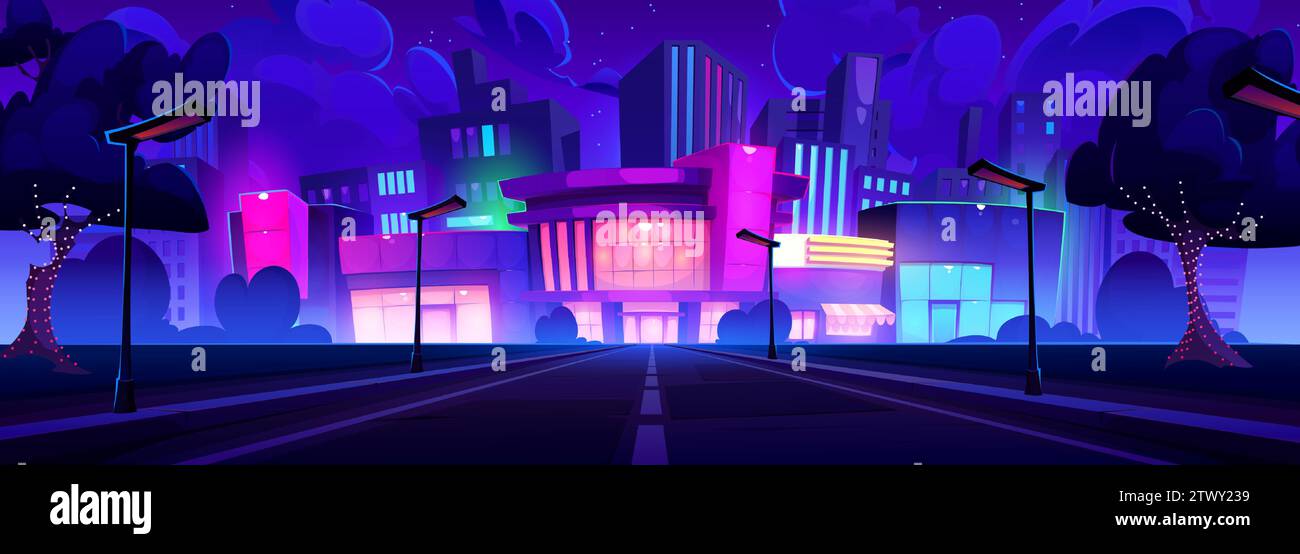 Empty road leads to city with multistorey buildings and neon lights at ...