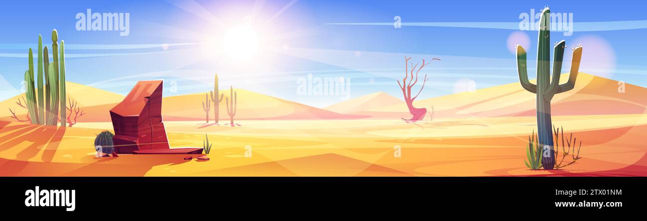 Arizona desert landscape with brown rock, sand dune hills, green cactus ...