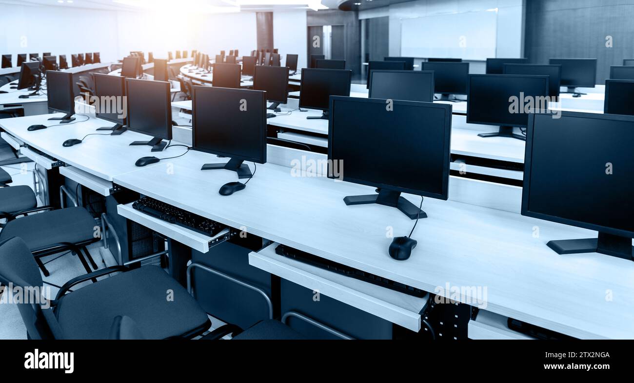Group of computers neatly placed in a lab Stock Photo - Alamy