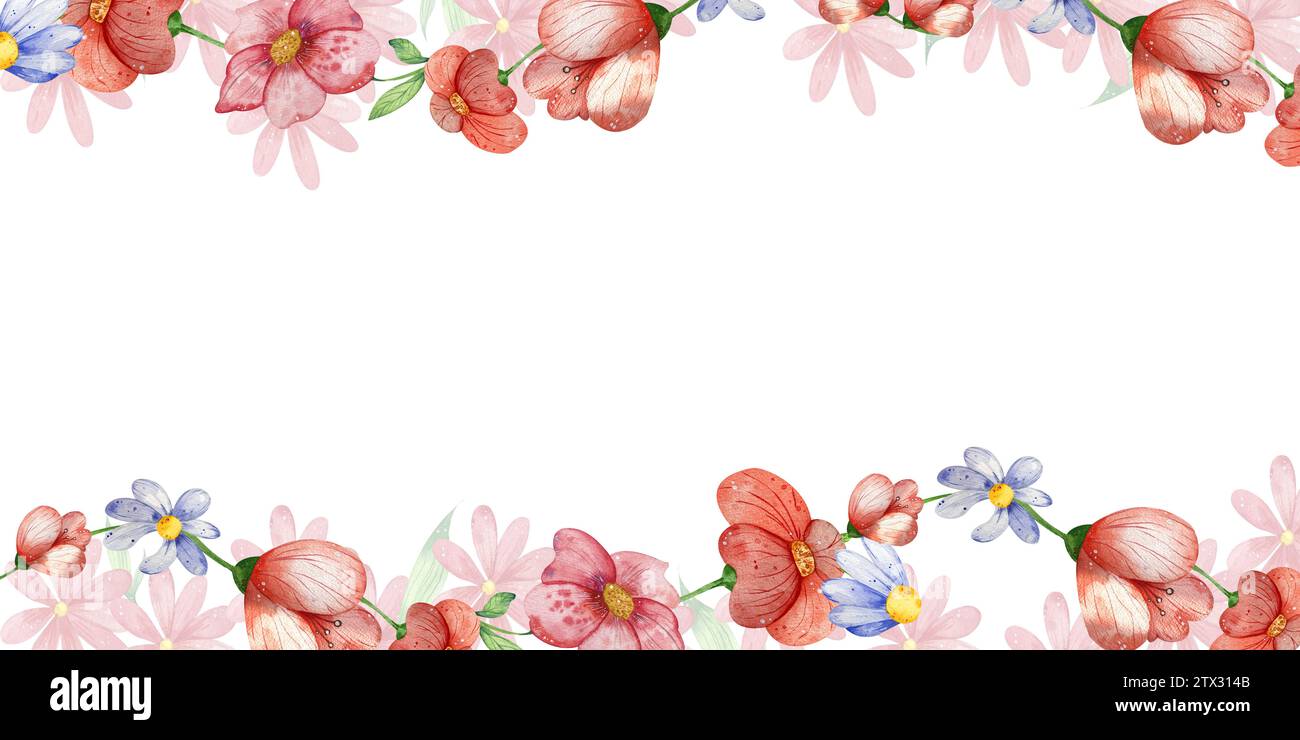 a flower garland. Horizontal watercolor composition of light summer ...