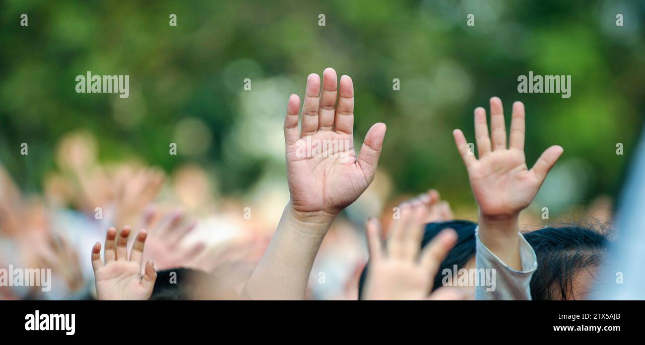 Many hands raised in the crowd of people Stock Photo - Alamy