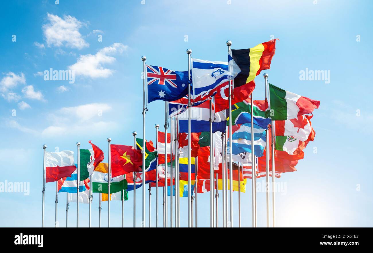 Set of flags fluttering in the wind against blue sky background Stock ...