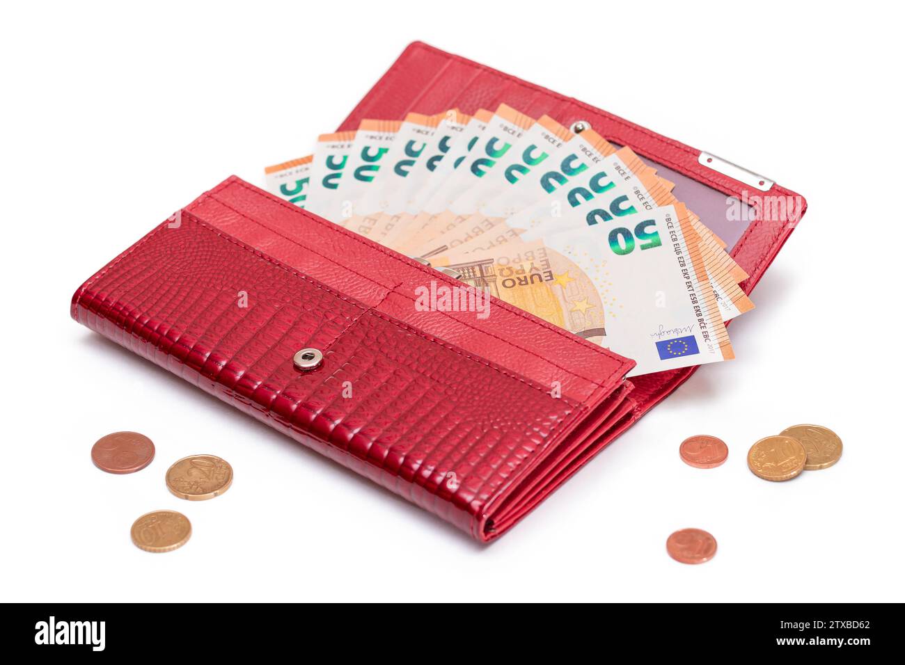 Opened Red Women Purse with 50 Euro Banknotes Inside and Scattered Euro ...