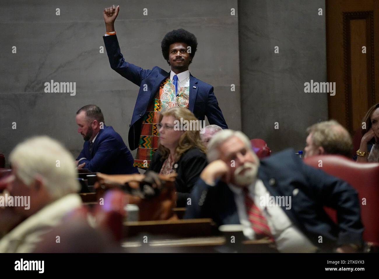 Rep. Justin J. Pearson, D-Memphis, raises his fist to acknowledge ...
