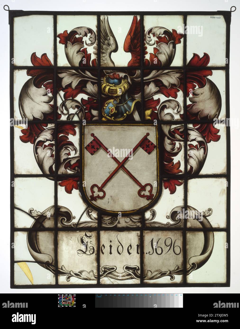 Window with weapon of Leiden and caption "Leiden 1696", Anonymous, 1696 ...