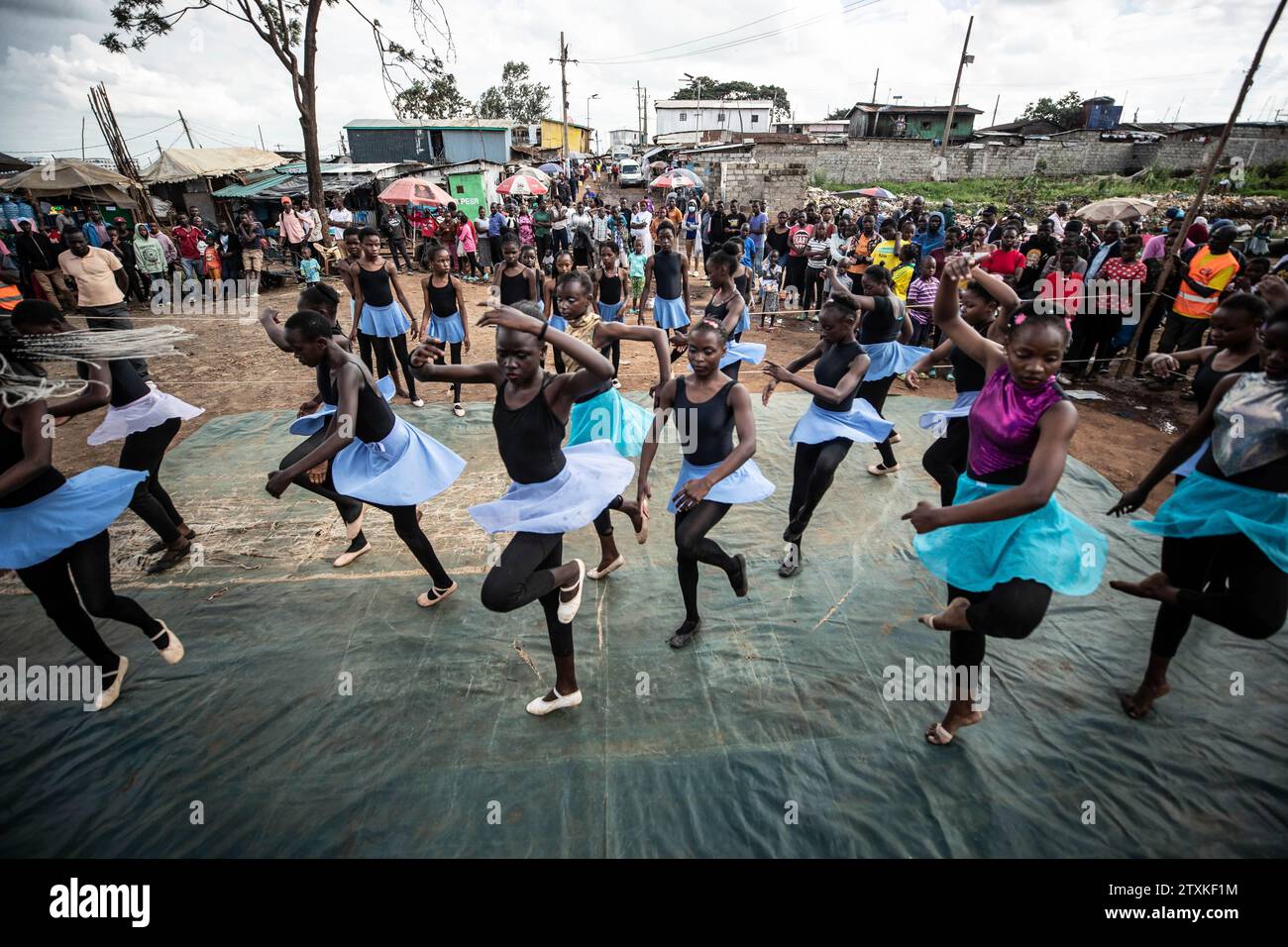 Young dancers perform, during a Christmas ballet event in Kibera, one ...