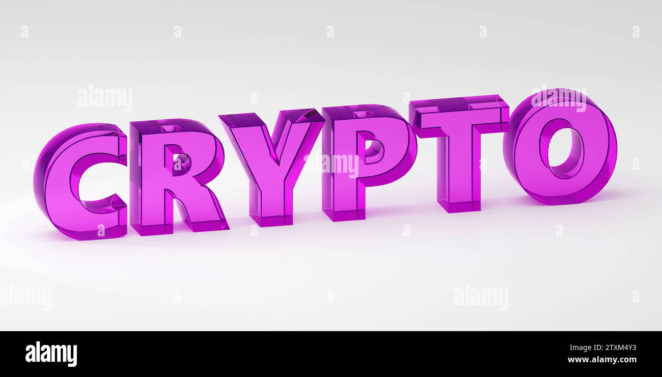 Luxury purple glass inscription crypto on grey podium, soft light ...