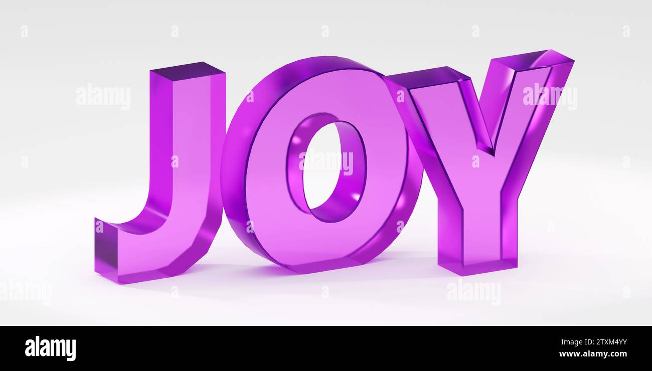 Luxury purple glass inscription Joy on grey podium, soft light, front ...