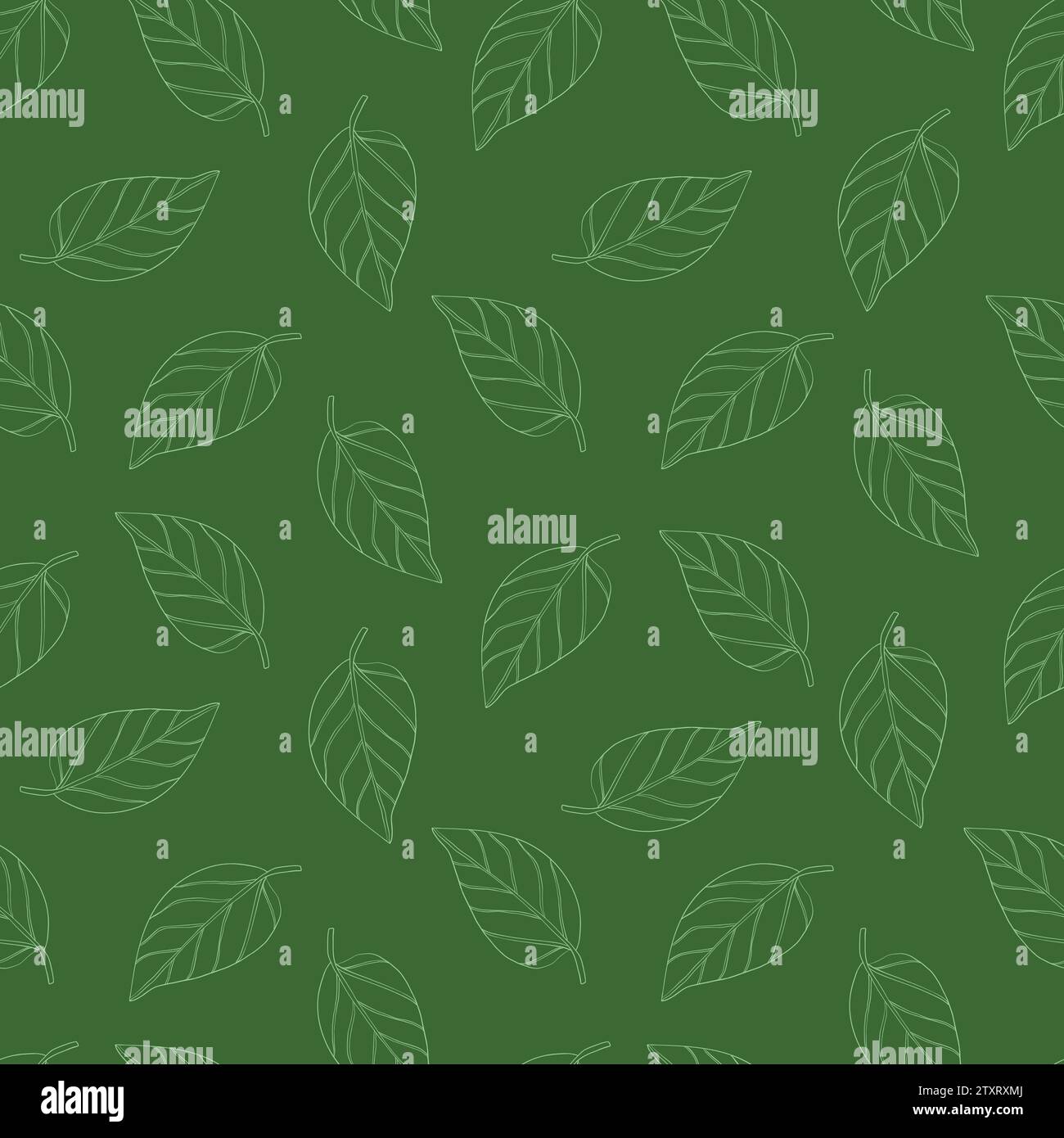 Green line art leaves seamless pattern for textile, fabric, wallpaper or scrapbook paper, hand ...