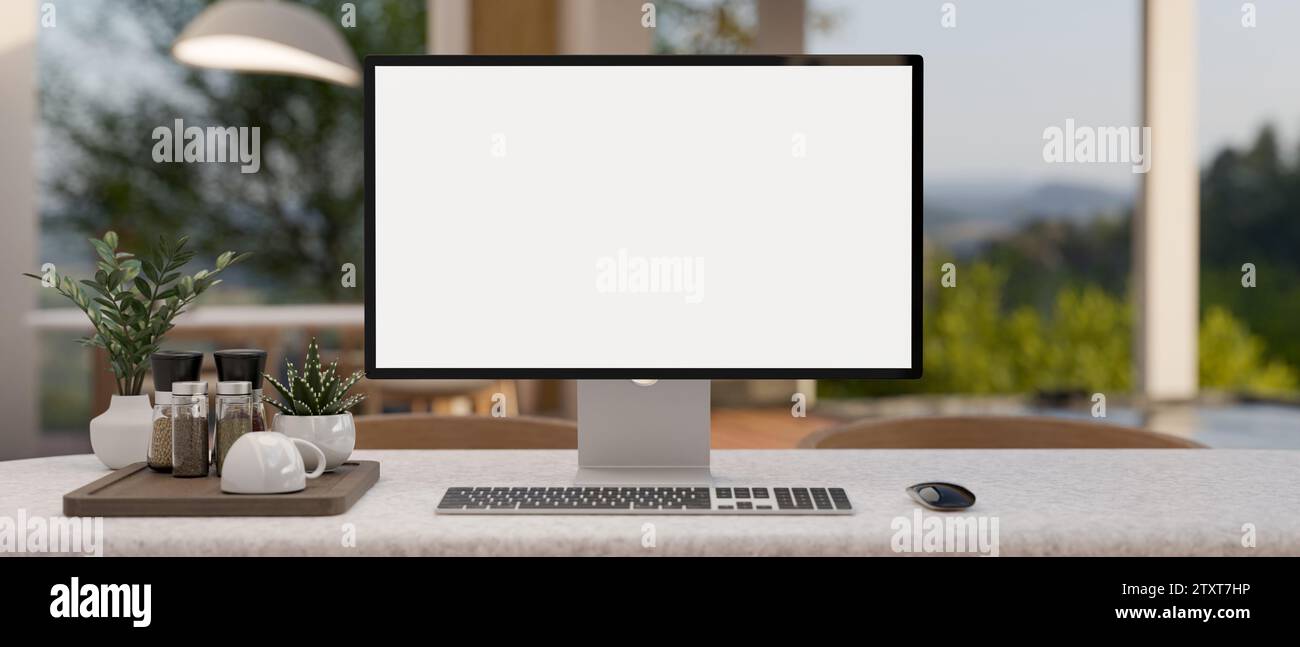 Front view image of a PC desktop computer mockup on a desk in a modern ...