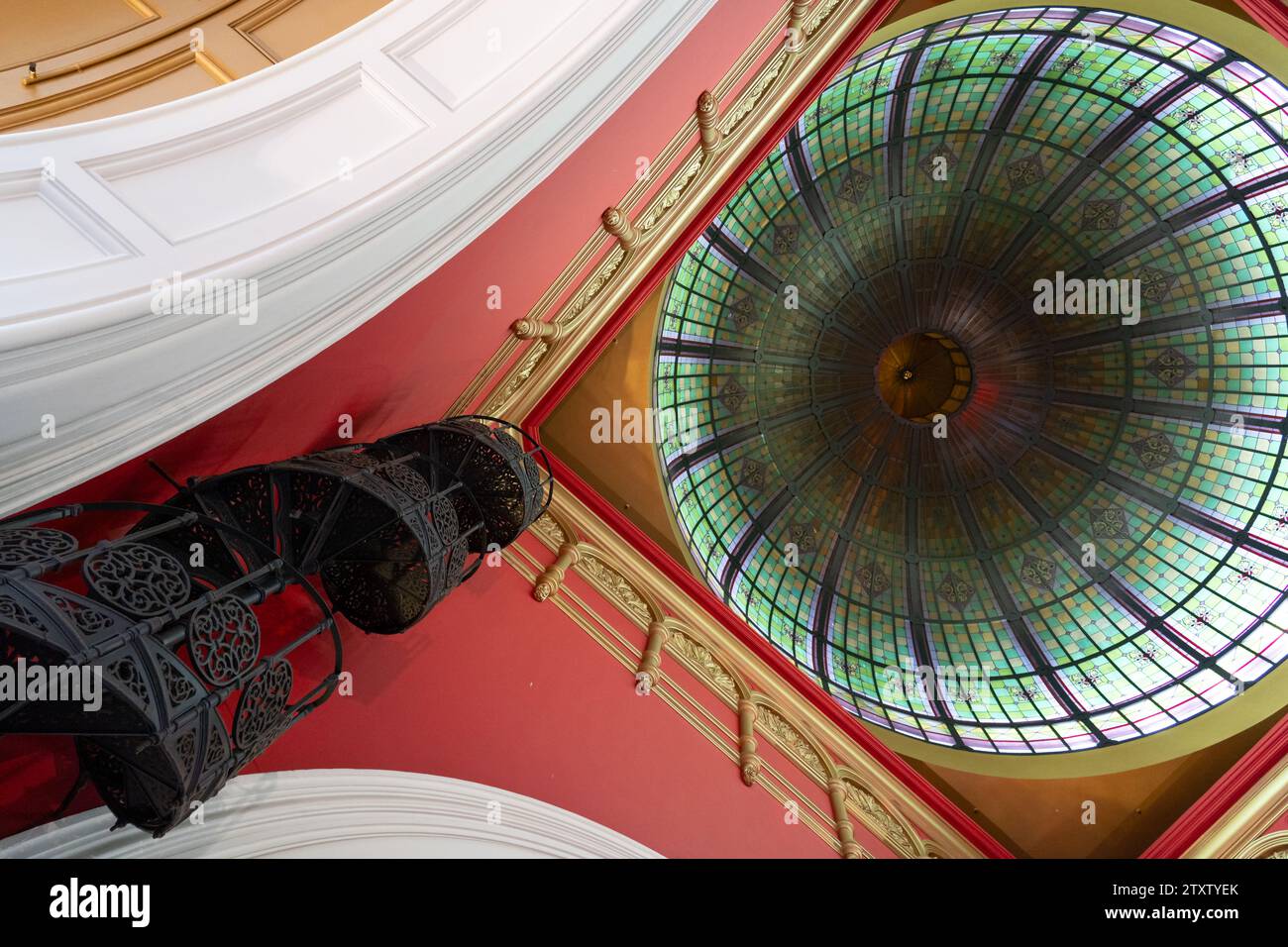 Stained-glass dome and spiral staircase in Queen Victoria Building (QVB ...
