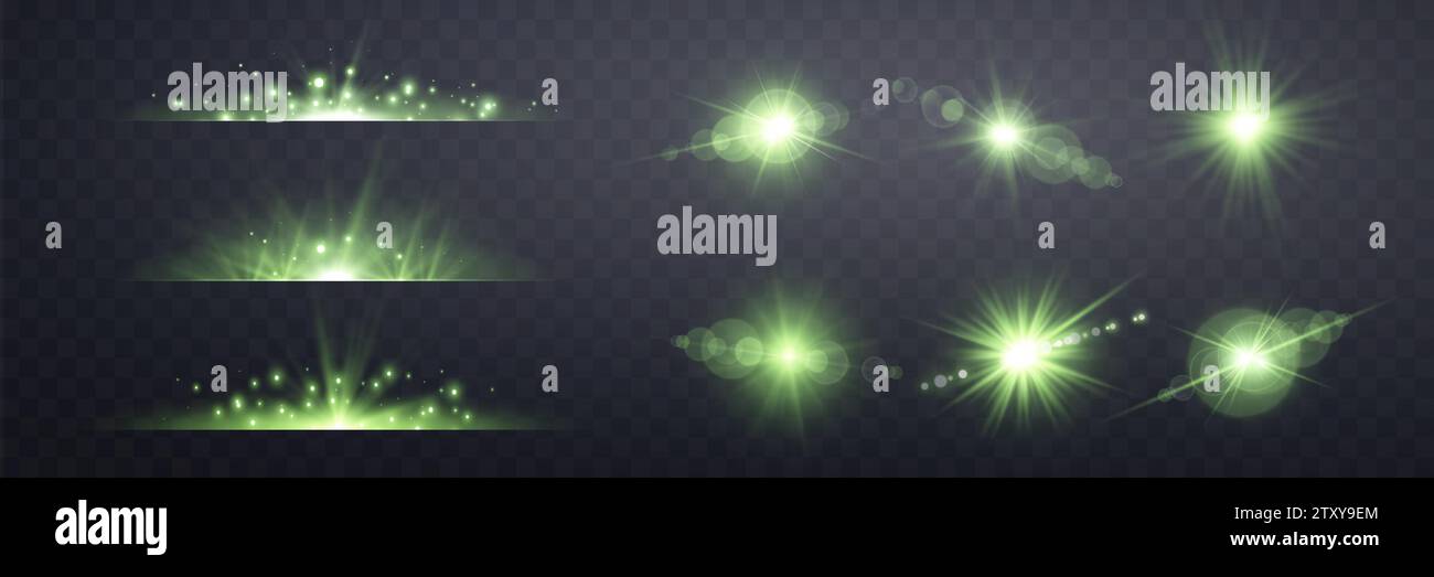 Green lens flares set. Isolated on transparent background. Sun flash ...