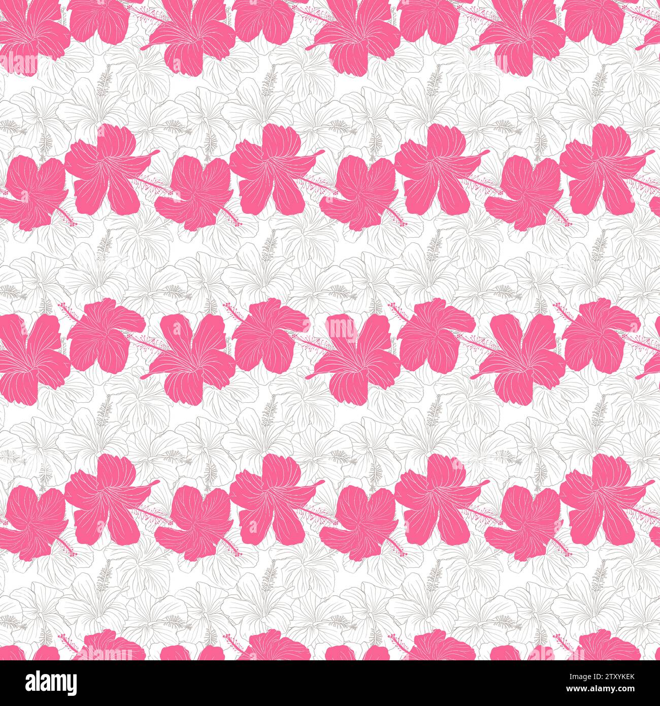 Hibiscus pink flower silhouette and line art seamless pattern for ...