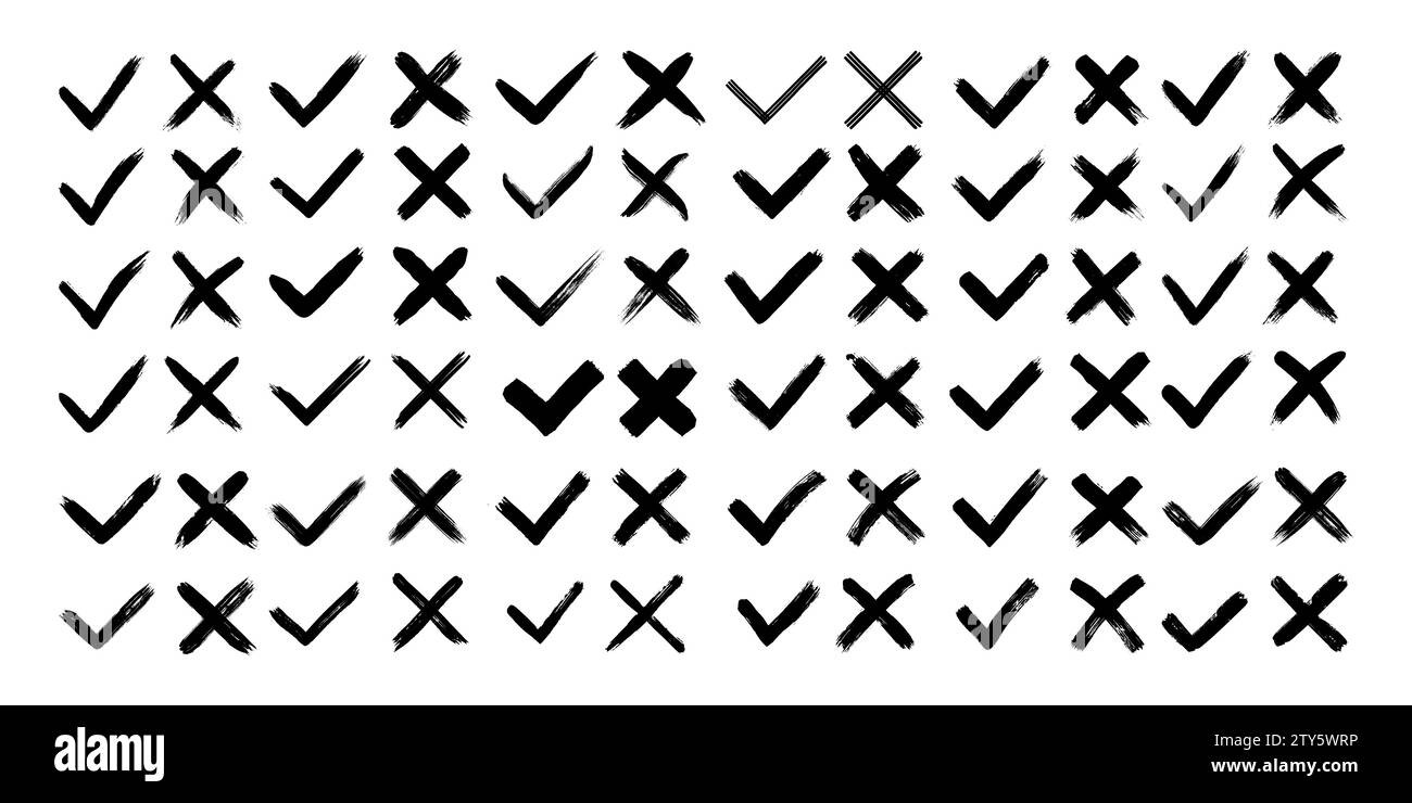 Dirty grunge hand drawn with brush strokes cross X and tick OK check ...