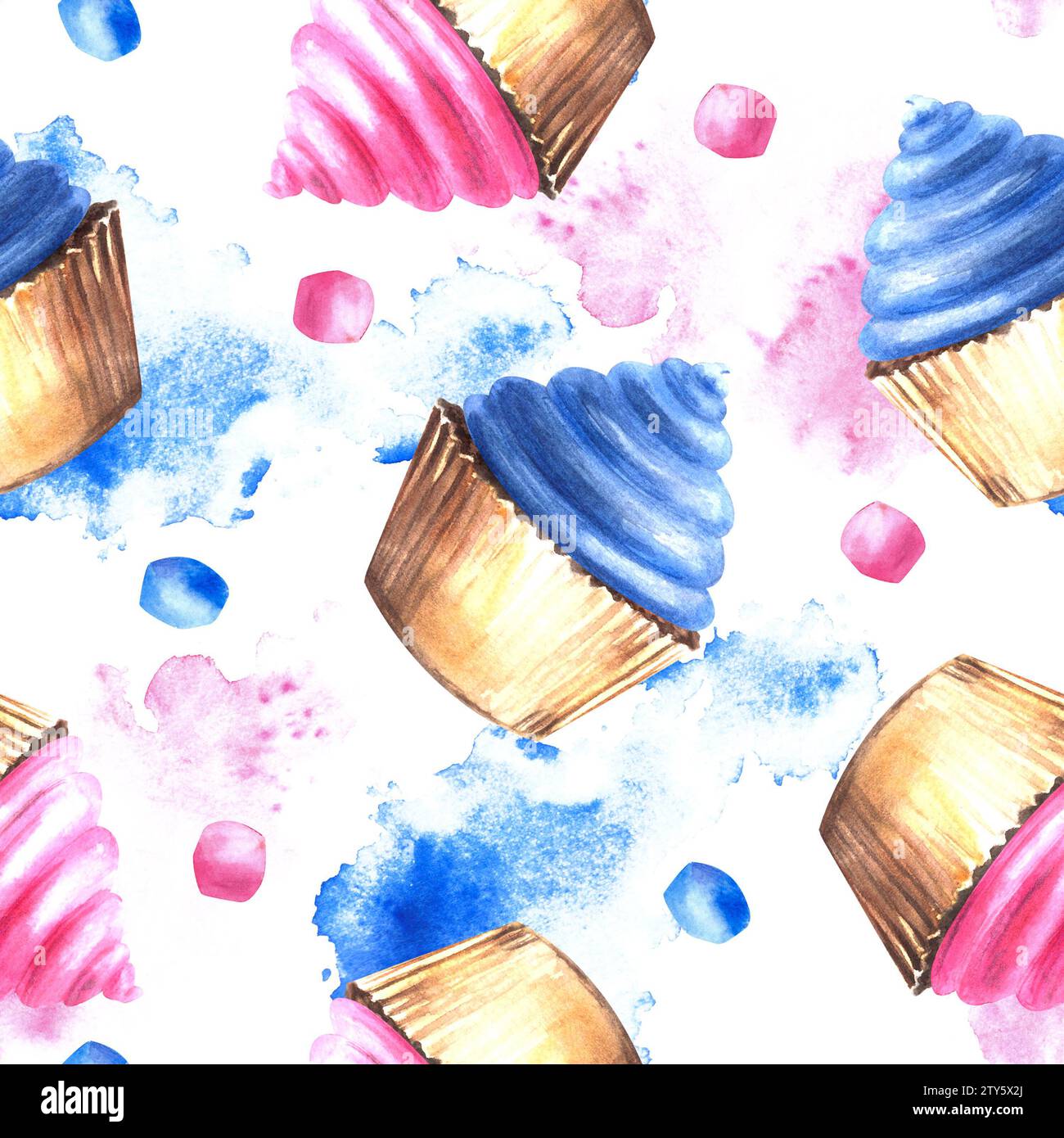 Watercolor seamless pattern. Cupcakes with pink and blue cream ...