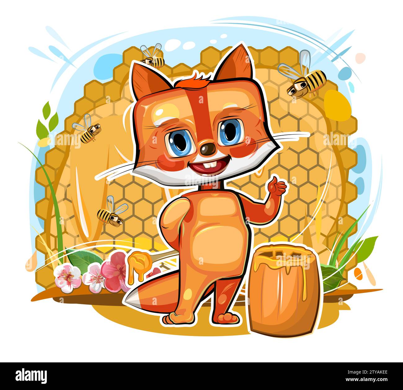 Little fox trying bee honey. Sticker. Animal isolated on white ...