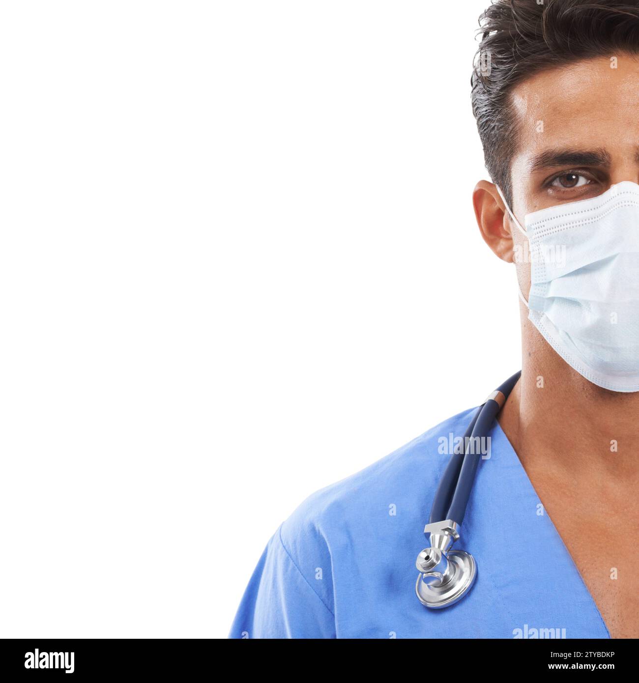 Doctor, face mask and portrait in studio, man and prevention of disease ...