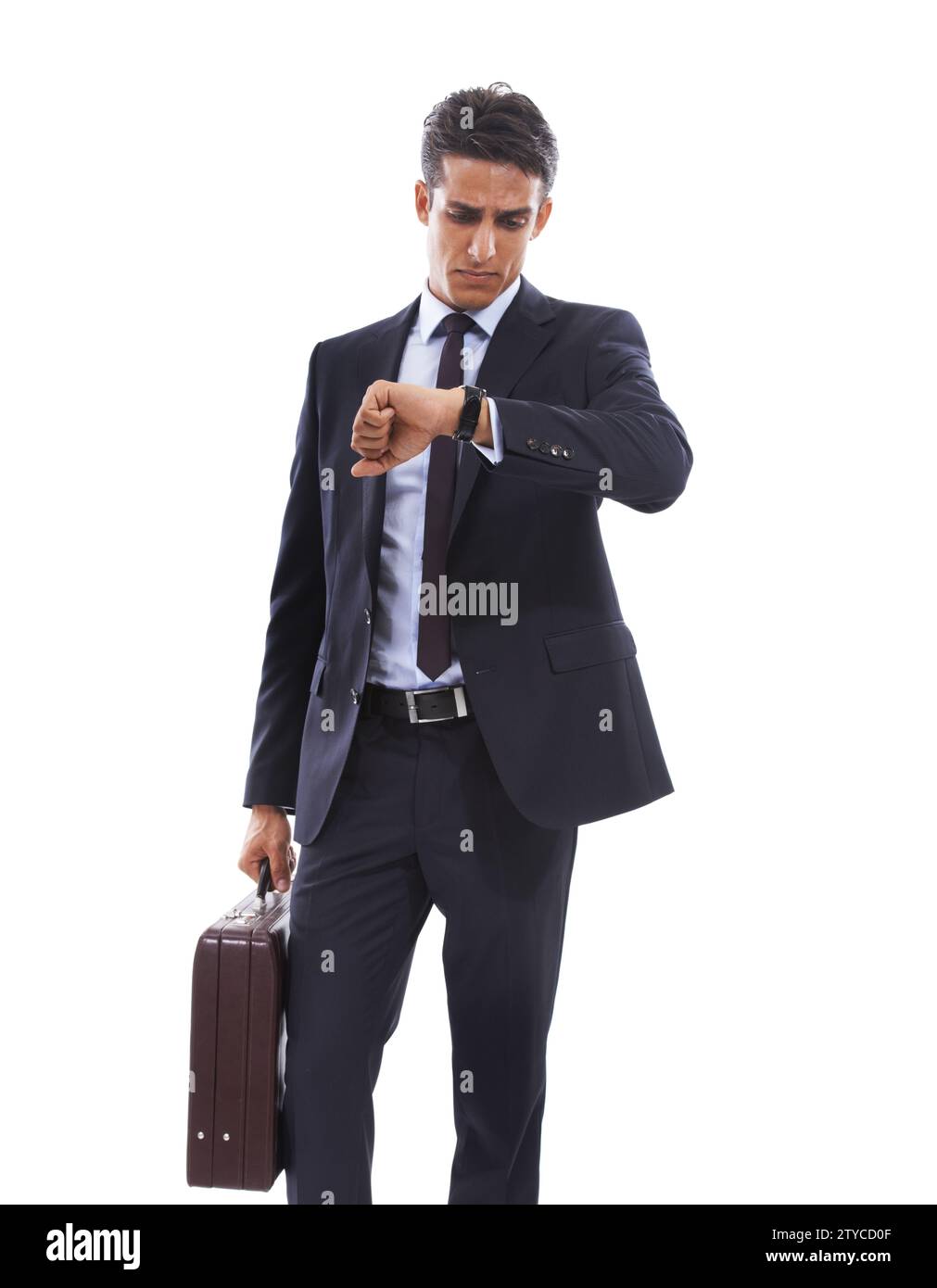 Business man, check watch and time management with briefcase for job ...
