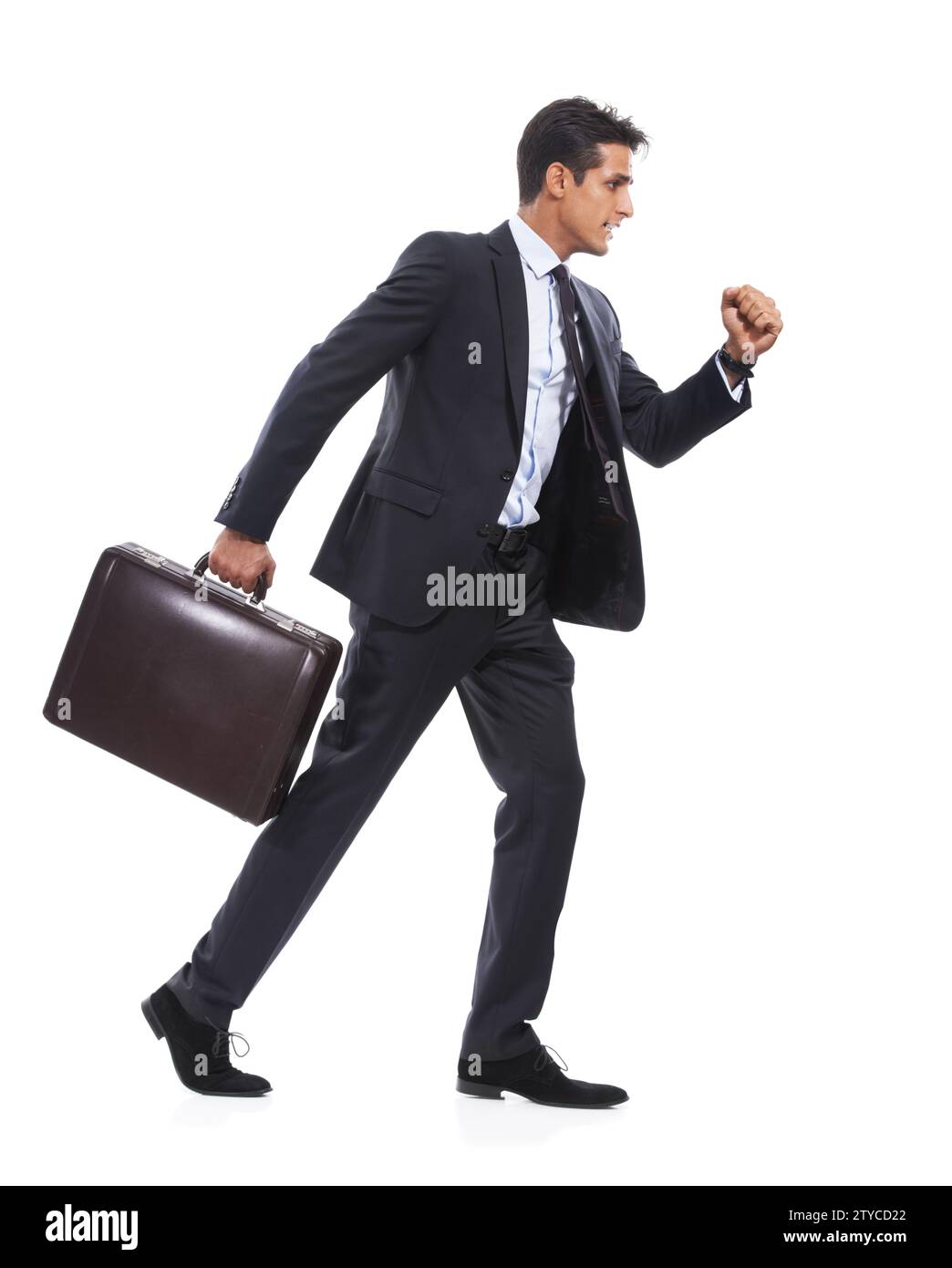 Business man, studio and walk with briefcase, determination and ready ...