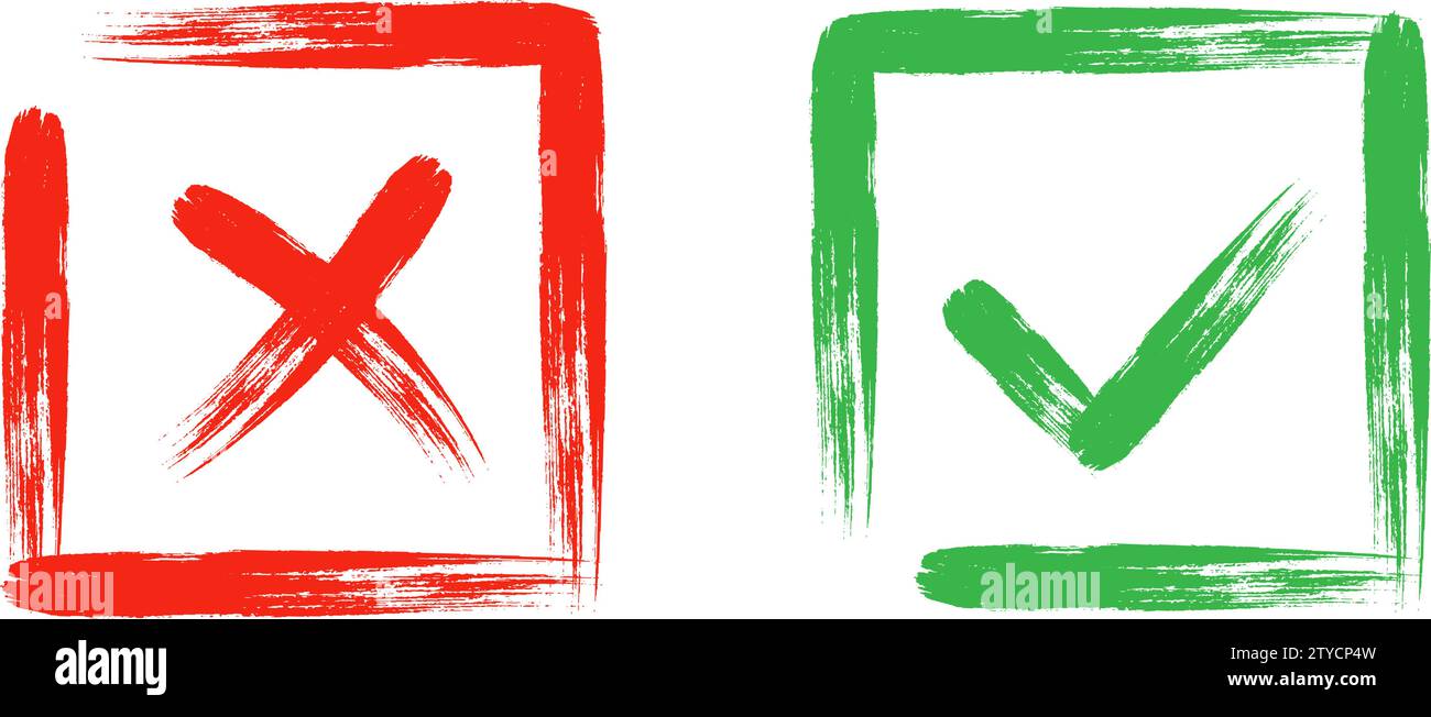 Two dirty grunge cross x and tick OK check marks in check boxes, hand ...