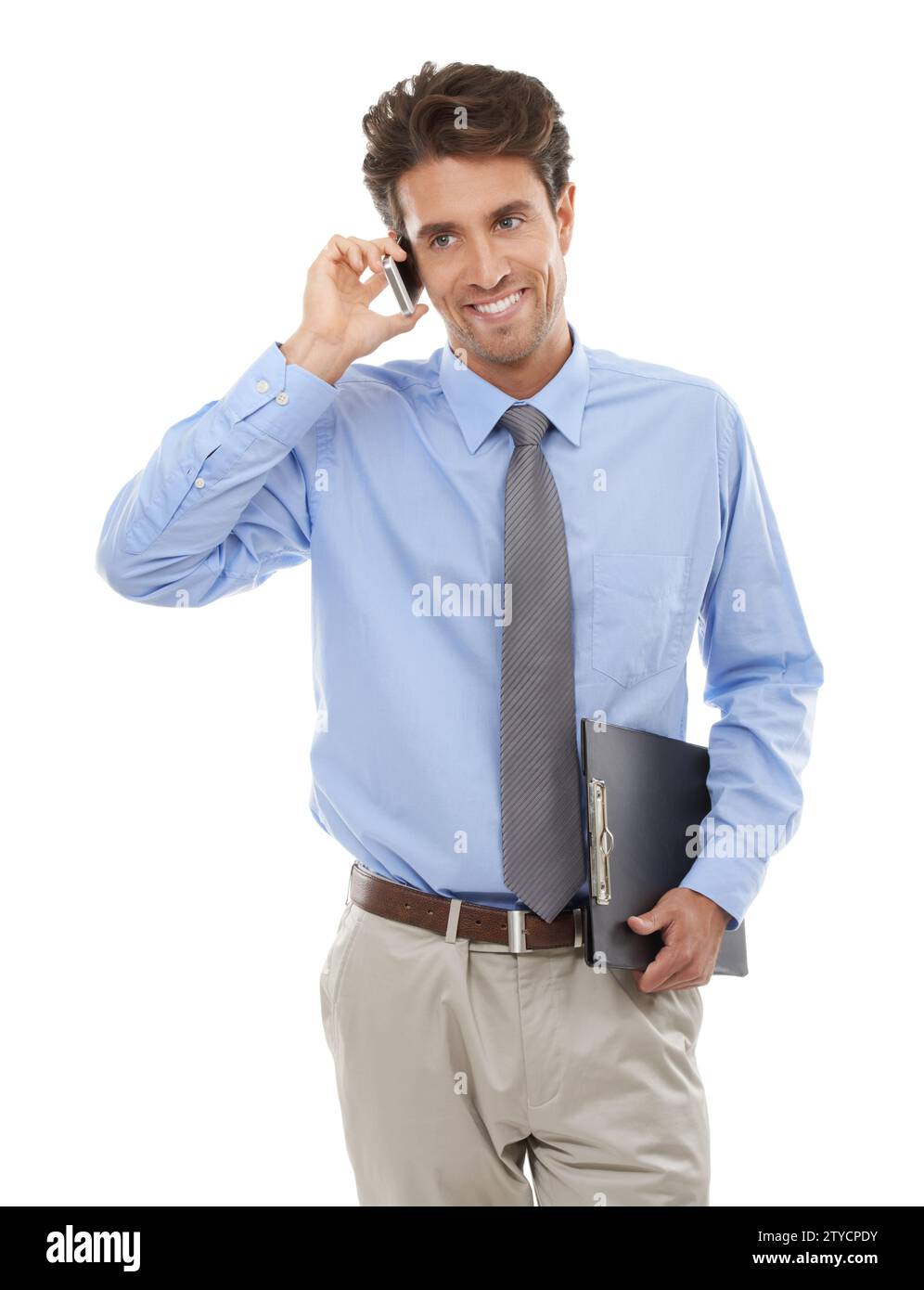 Happy businessman, phone call and discussion for communication or ...