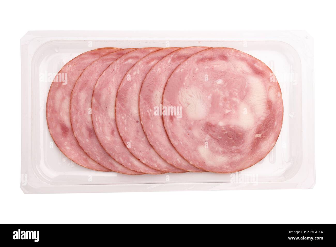 round pieces of ham in plastic packaging on white background, pork ham ...