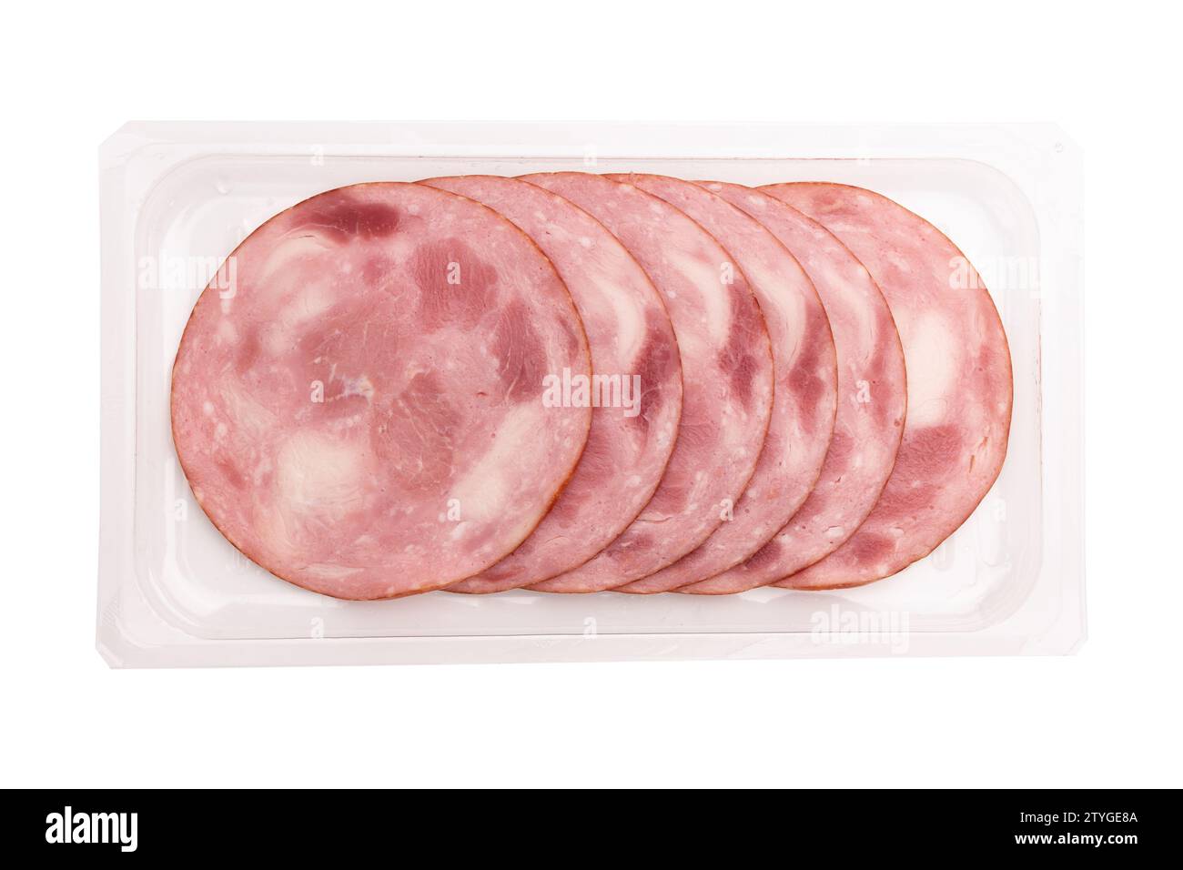 round pieces of ham in plastic packaging on white background with ...