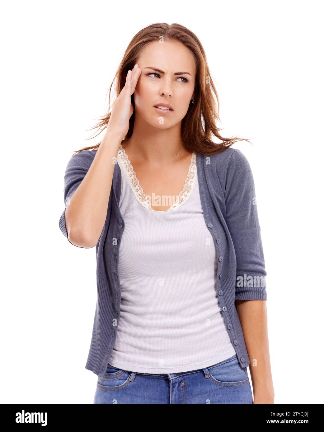 Woman, headache and thinking in studio of stress, challenge of debt and ...