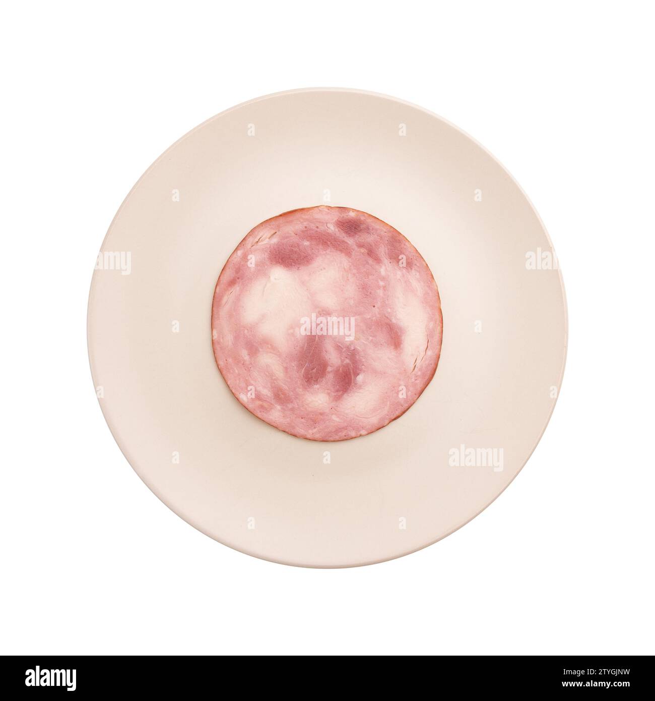 round piece of ham on plate isolated on white background with clipping ...
