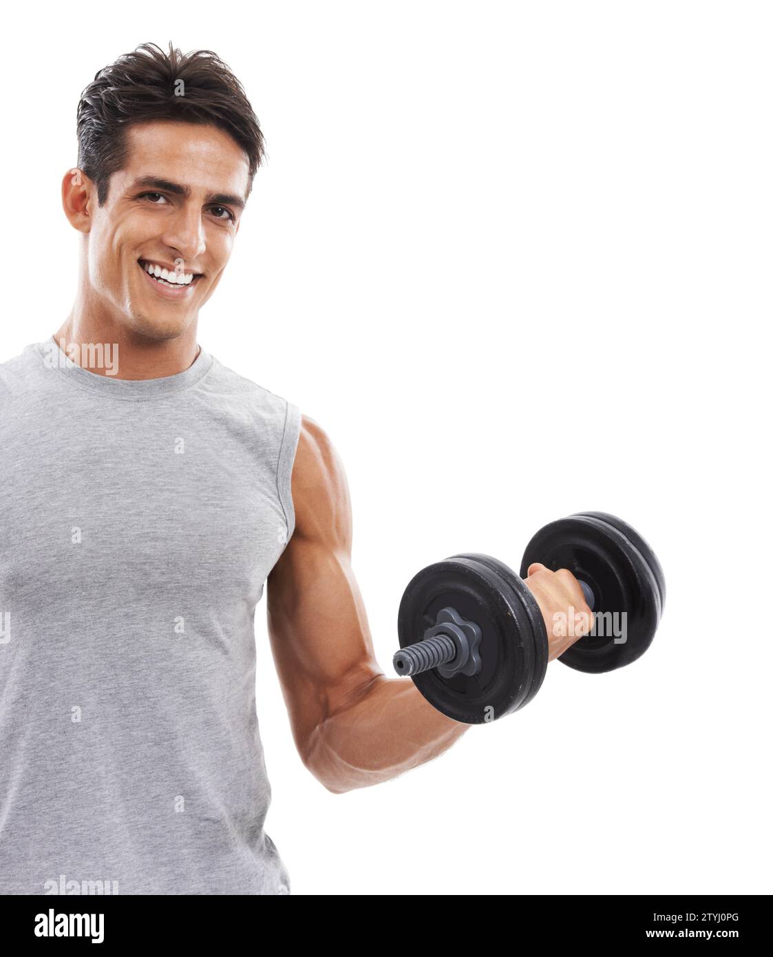 Fitness, dumbbell and portrait of man in studio for healthy training ...