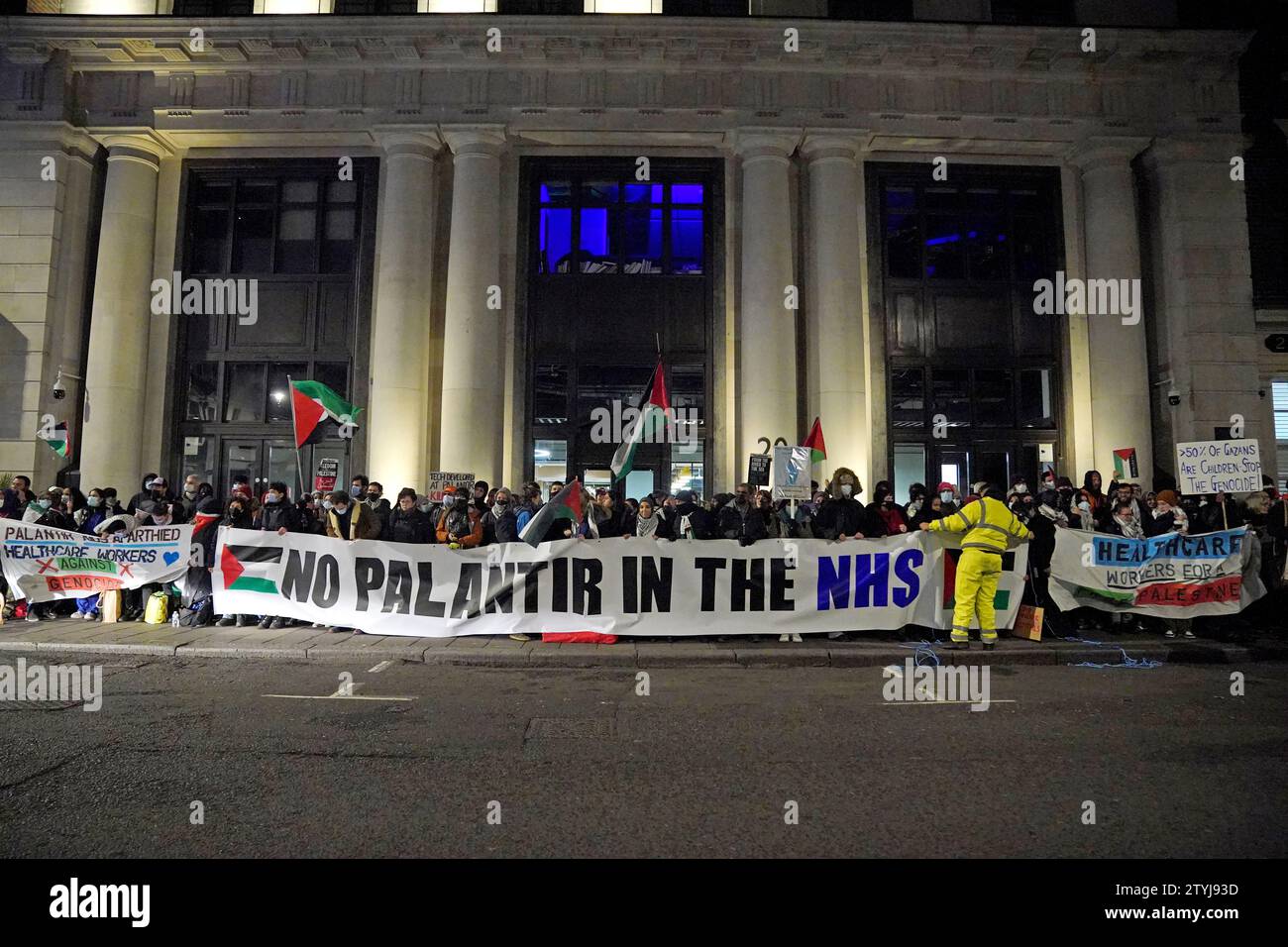 Health workers form a blockade in Soho Square during a protest outside ...