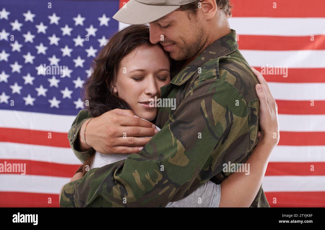 American soldier hug woman, reunion after war and welcome hero with ...