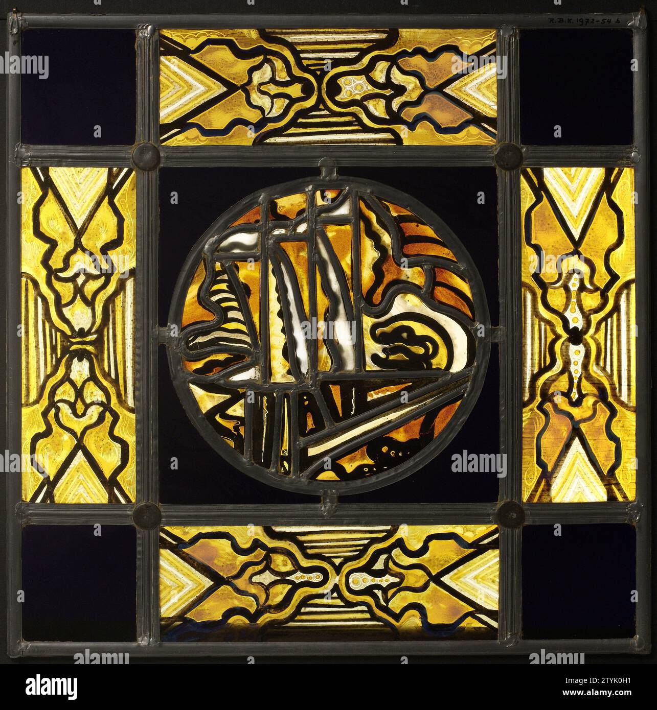 Square window with a round window in yellow and dark brown, Jacoba van ...