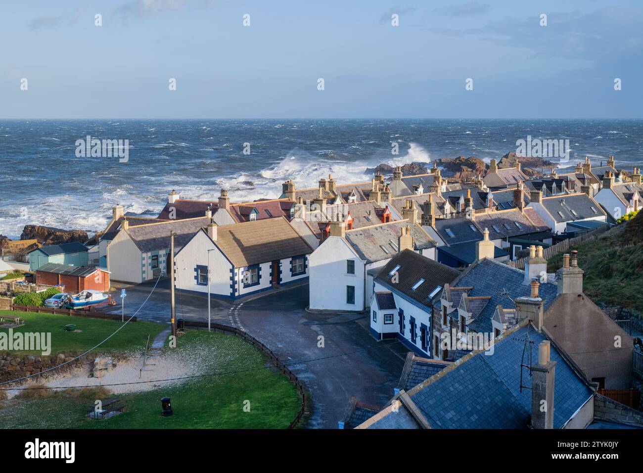 Findochty bay along the coast with a turbulent sea. Findochty ...