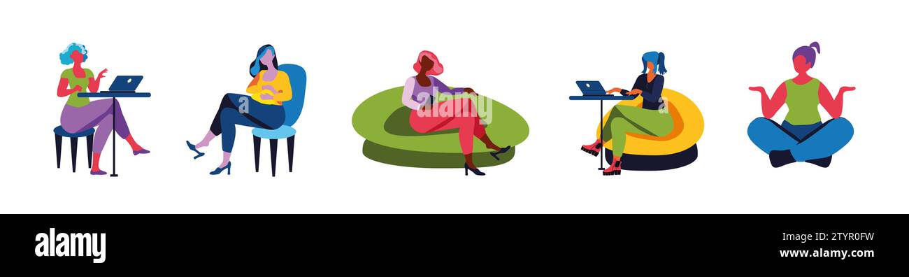 Set of girls in comfortable chairs. Distant work. Bright vector ...