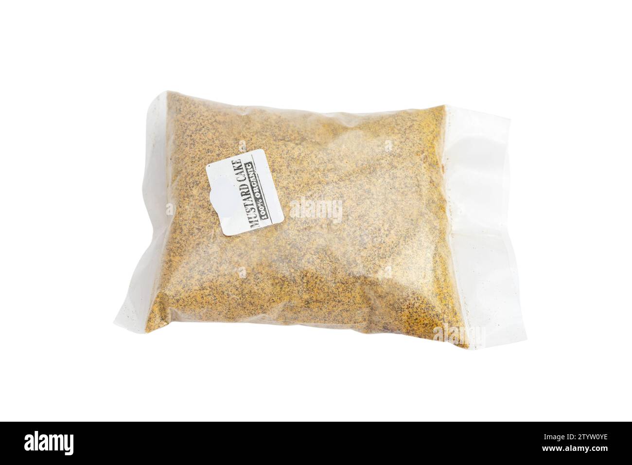 Mustard cake fertilizer in small pack isolated on white background ...