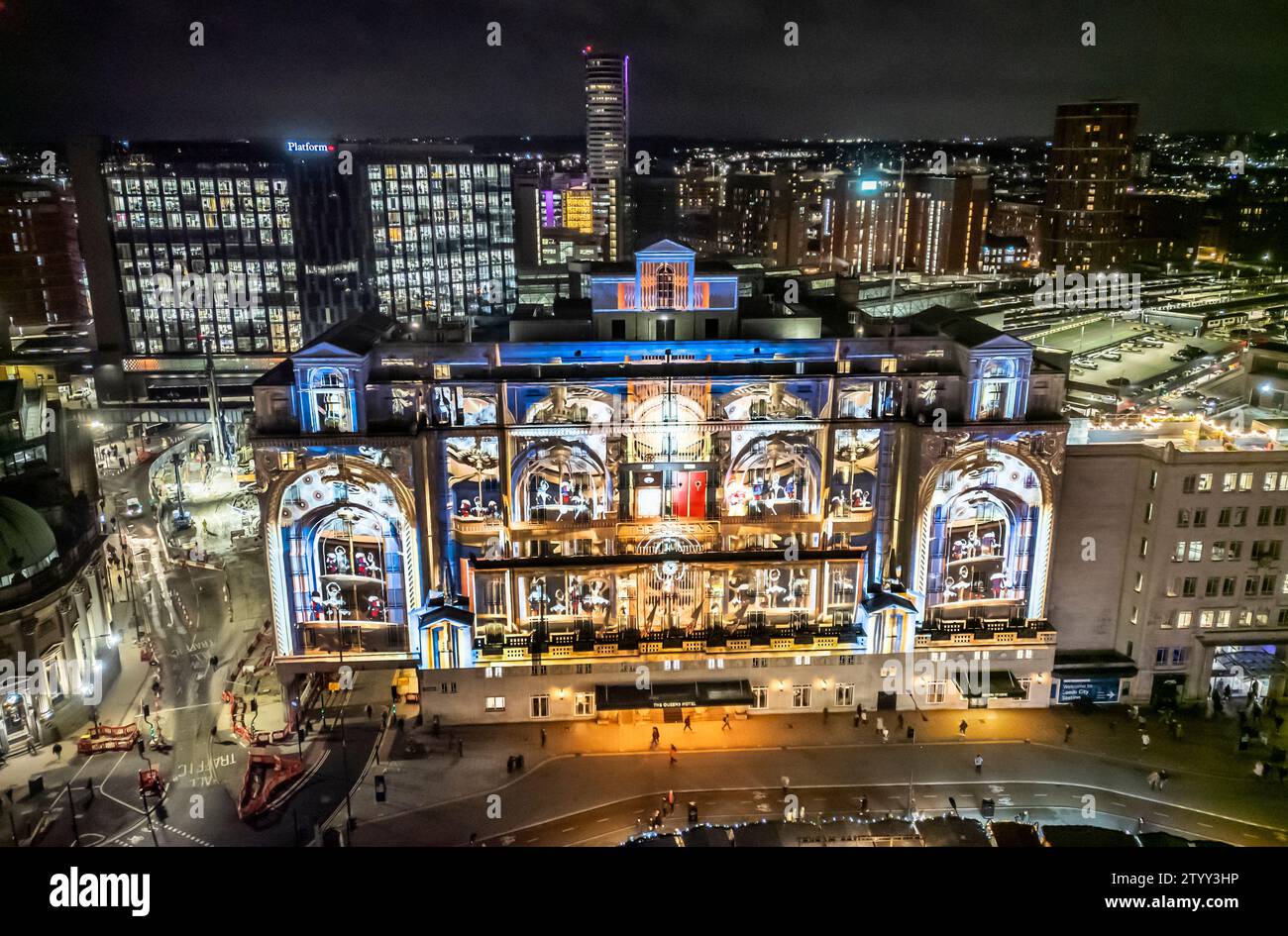 Art installation Magical Night is projected onto The Queens Hotel in Leeds. The animation by ...