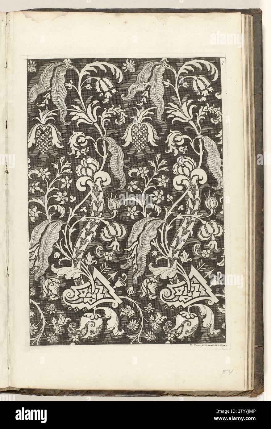 Repetitive pattern in white and greys on a black ground; stylised ...