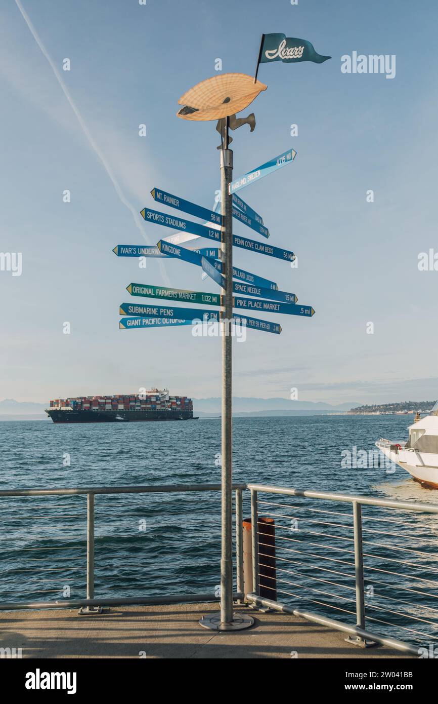 view from Pier 54 to Puget Sound: Ivar's signpost with mileage to ...