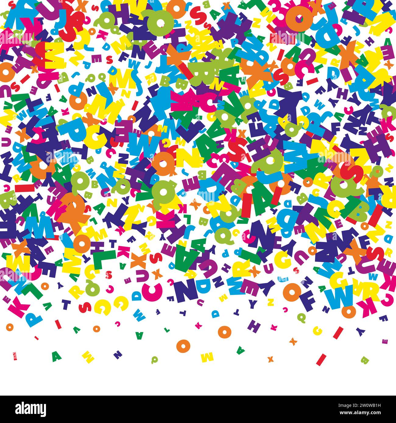 Falling letters of English language. Bright flying words of Latin ...