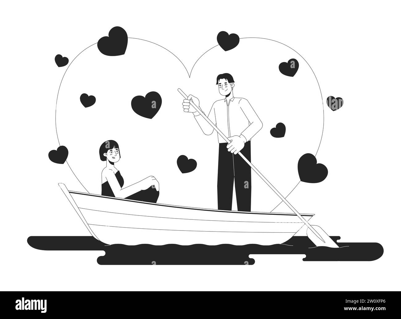 Romantic date night on lake black and white 2D illustration concept ...