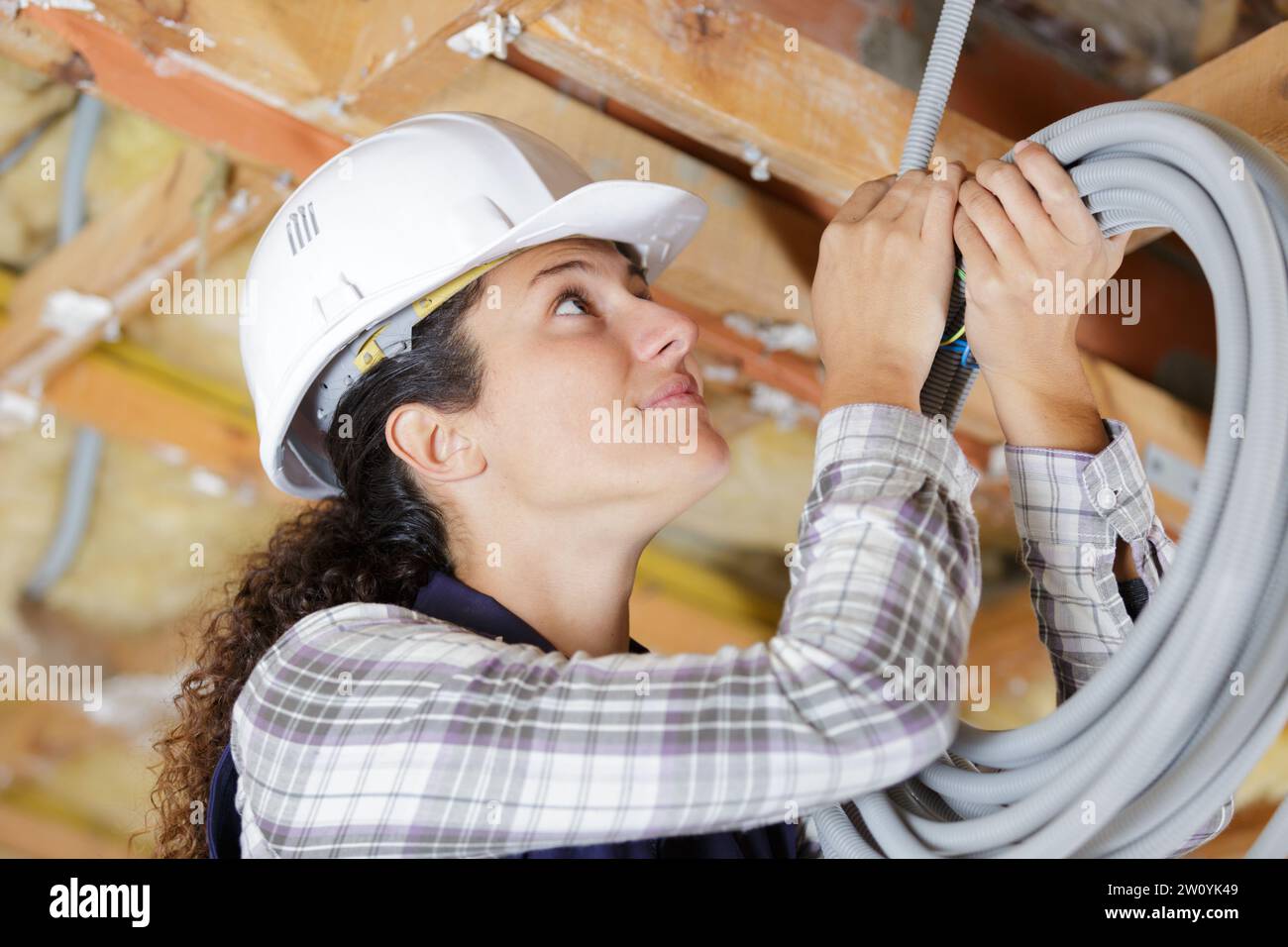 a female worker is working with cables Stock Photo - Alamy