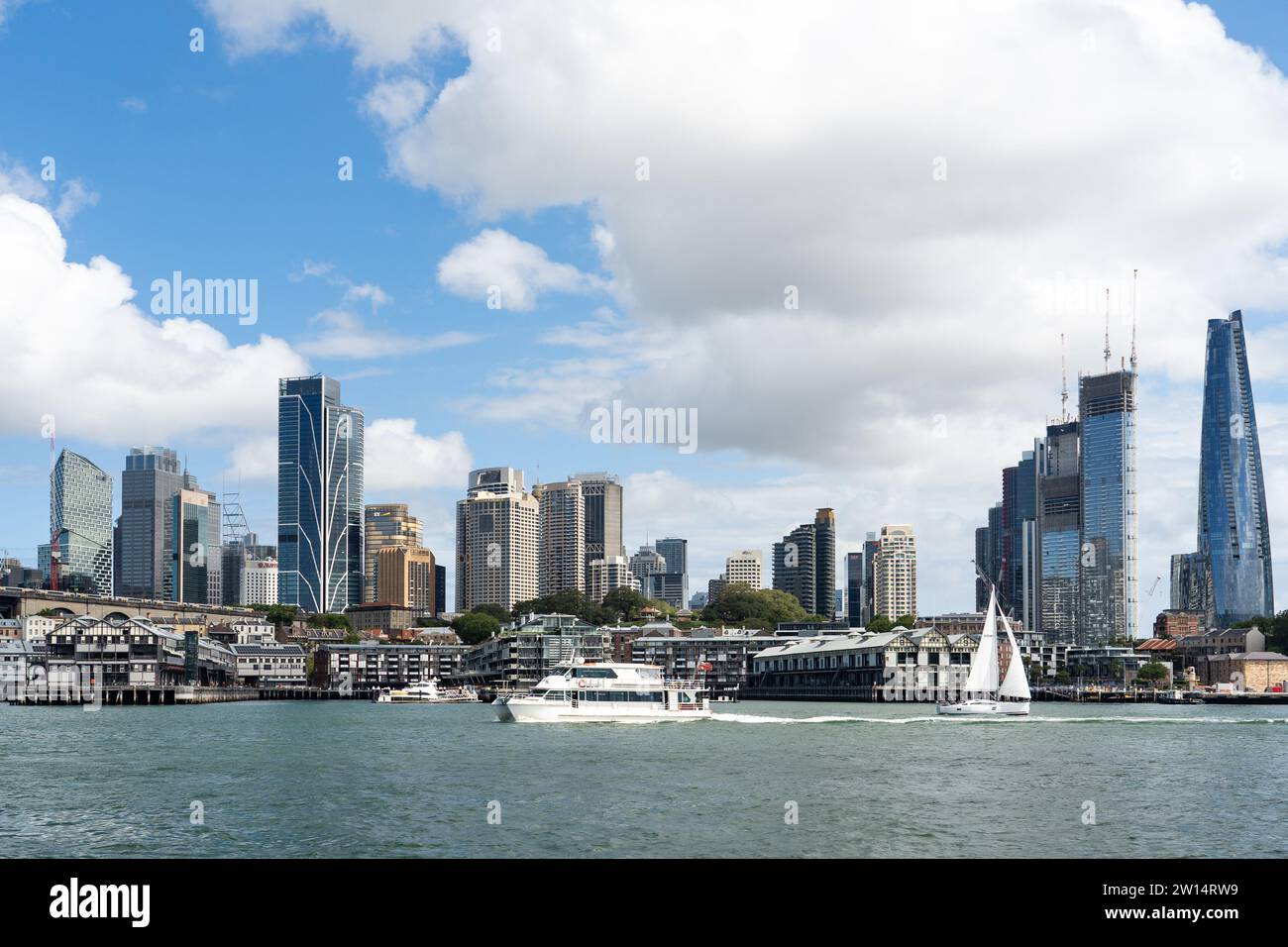 View of Walsh Bay and Sydney City skyline from Sydney Harbour with ...