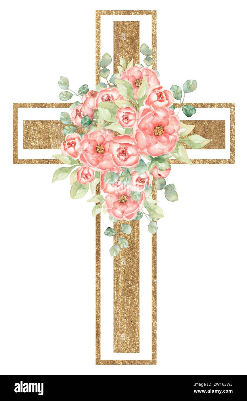 Watercolor hand painted pink florals Cross Clipart, Easter Religious ...