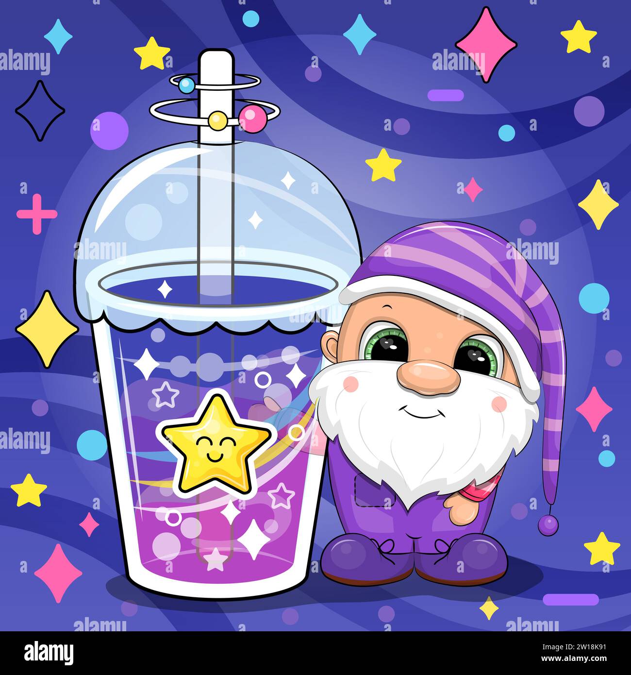Cute cartoon gnome with a big star drink. Vector illustration of a ...