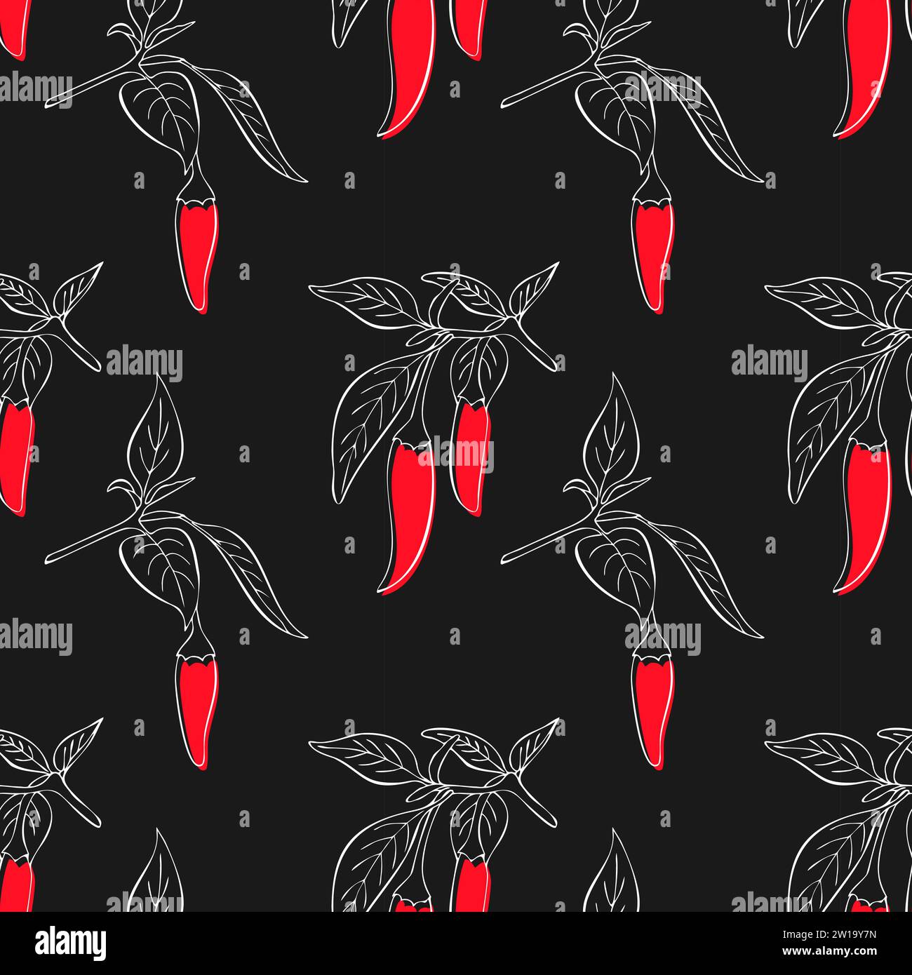Red hot chilli peppers branch hand drawn pattern on black background ...