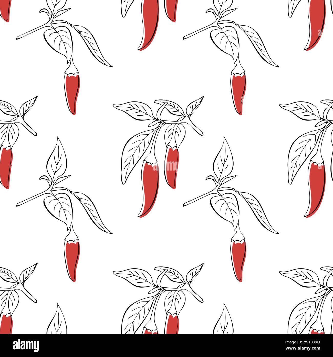 Red hot chilli peppers branch hand drawn pattern on white background ...