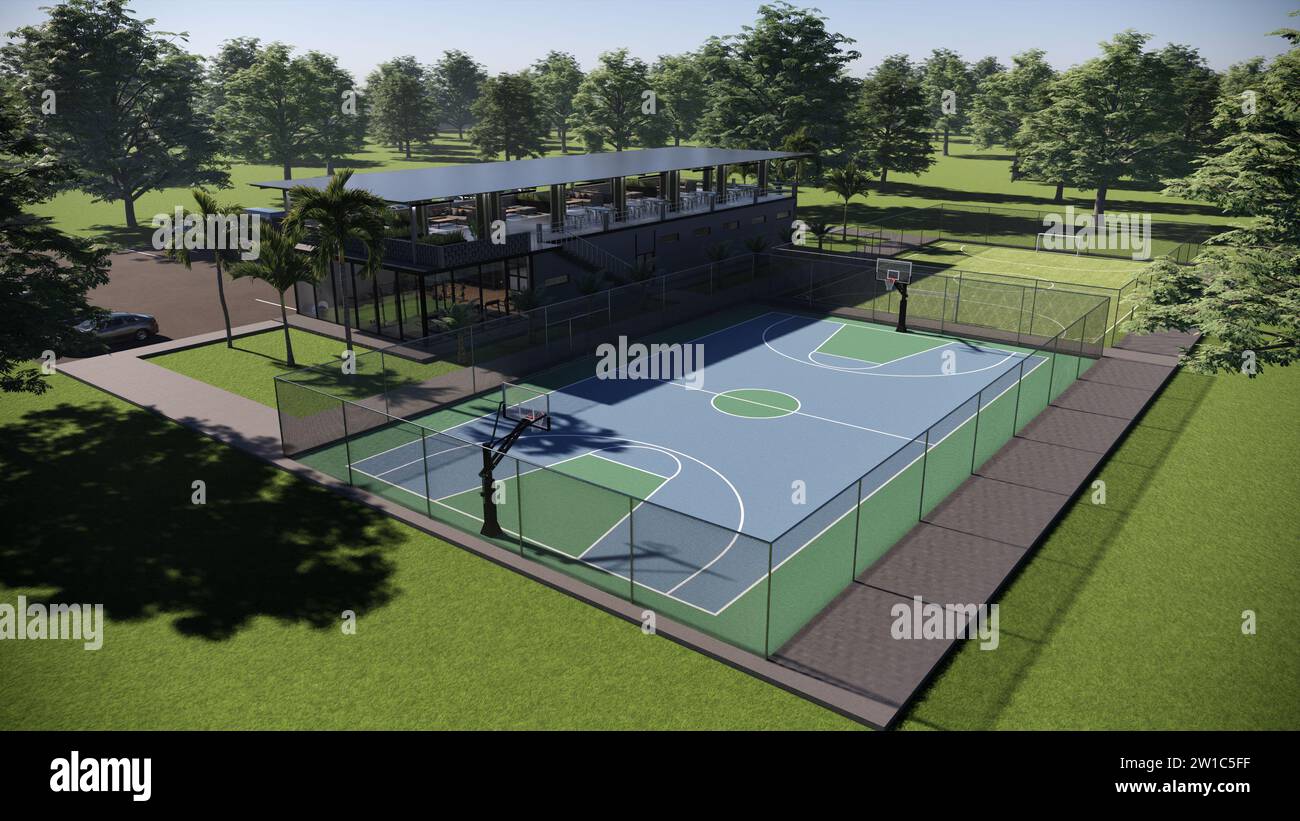 3d rendering of outdoor basketball and mini soccer court integrated ...