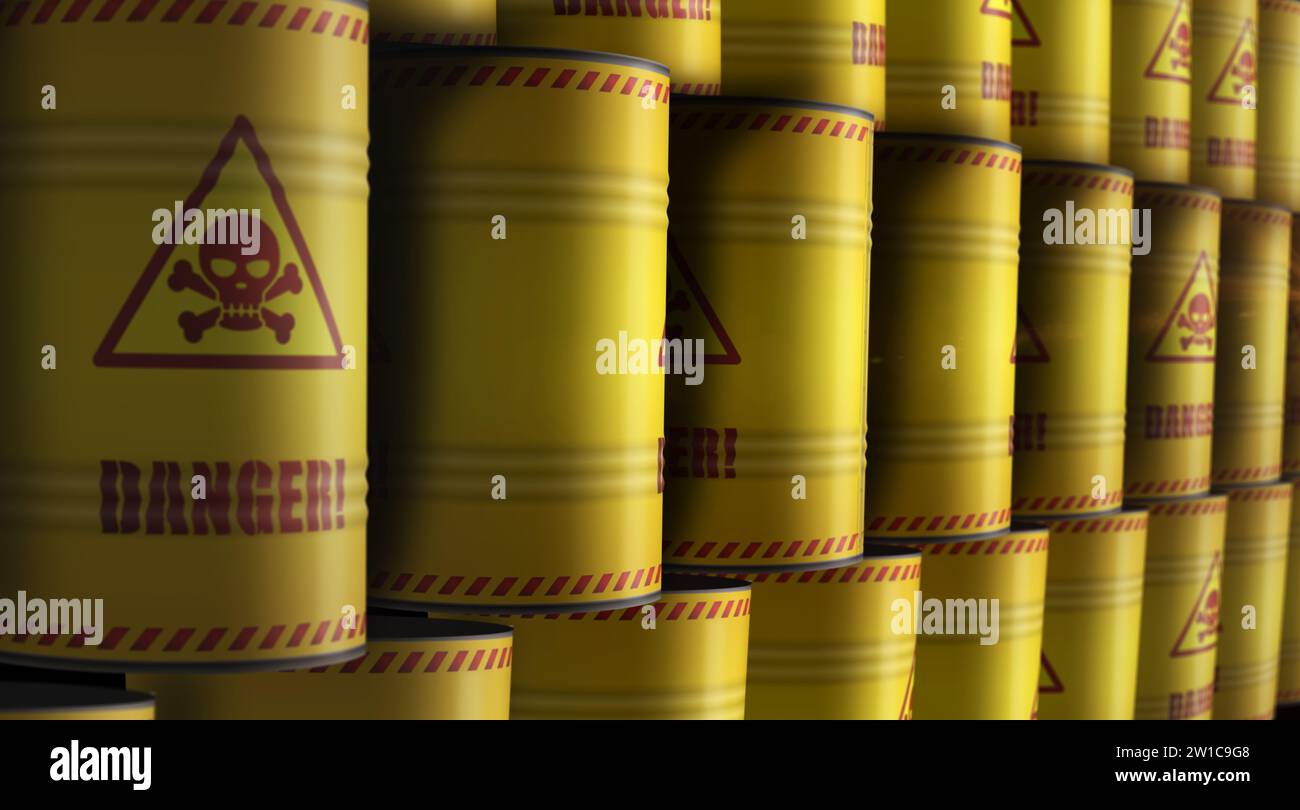 Danger warning with skull symbol barrels in row concept. Dangerous ...