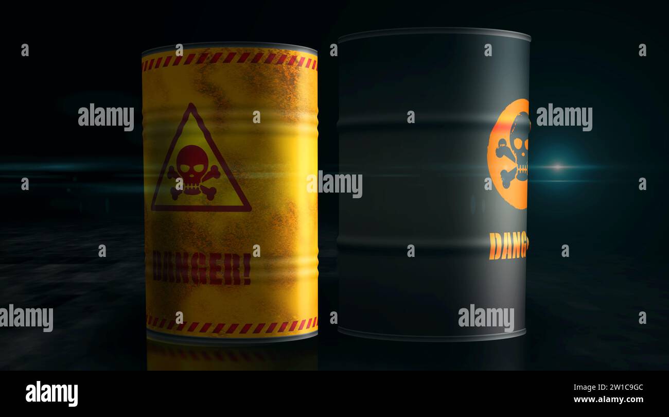 Danger warning with skull symbol barrels in row concept. Dangerous ...